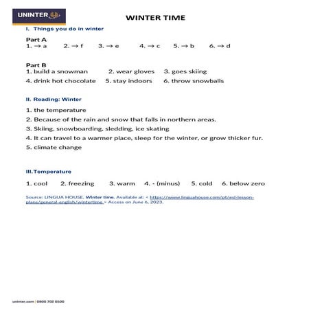 Activity WINTER TIME answer key - Livro de respostas atividade | PDF