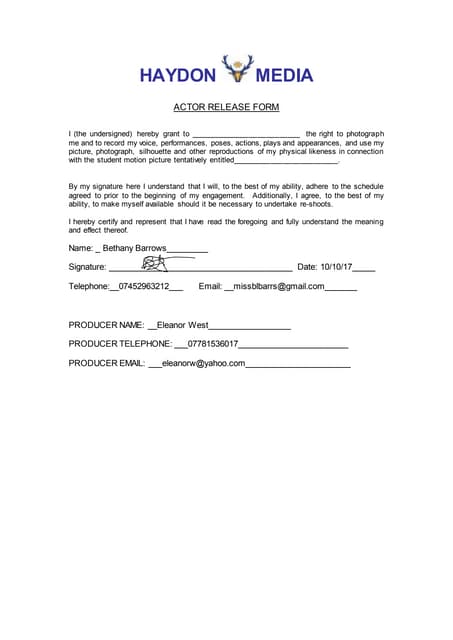 Cast release form | DOCX