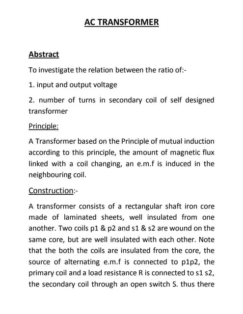 Step-down transformer Physics project Class 12 CBSE Final | PDF | Technology & Computing