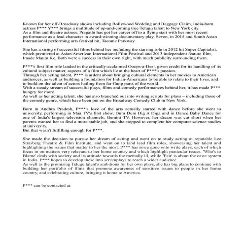 Actress biography press release | ODT