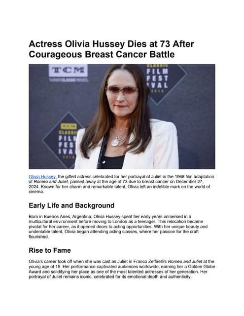 Olivia Hussey’s Battle with Breast Cancer: A Tribute to Her Strength | PDF
