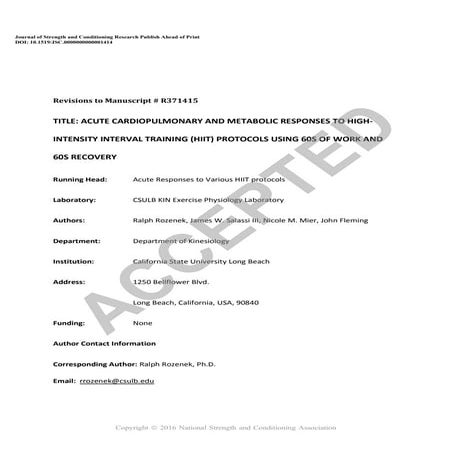 Acute cardiopulmonary and metabolic responses to high intensity interval training | PDF ...