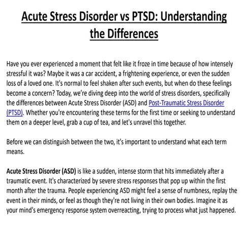 Acute Stress Disorder vs PTSD the Differences | PDF