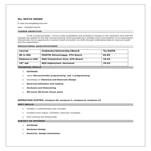 divya resume | DOC | Consumer Electronics | Technology & Computing