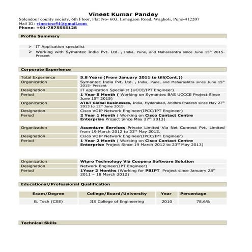 Vineet Resume with 5.9 years of Experience in Cisco Contact Center | DOC | Computer Networking ...