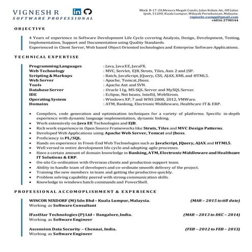 Vignesh R Software Engineer Java 4 Years Pdf