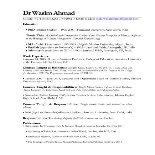 Dr Wasîm Ahmad (Detailed CV) | DOC