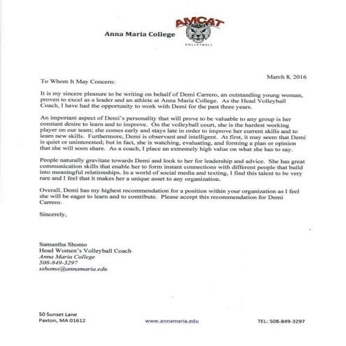 Demi Carrero Coach Recommendation Letter | PDF