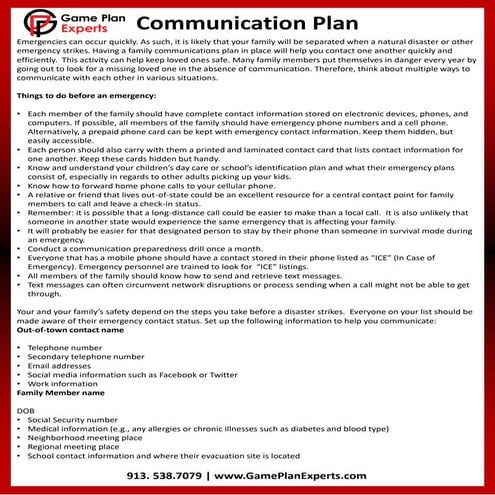 Family Communication Plan via FEMA and Ready | PDF