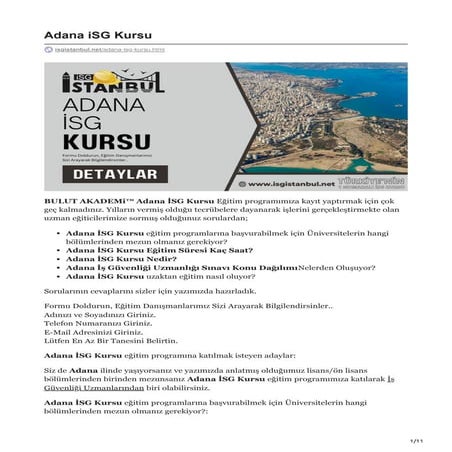 Adana iSG Kursu | Adana iSG Eğitimi | İSGİSTANBULNET | PDF