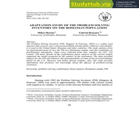 Adaptation Study Of The Problem Solving Inventory On The Romanian Population | PDF