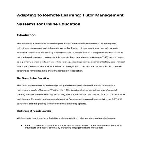 Adapting to Remote Learning: Tutor Management Systems for Online ...