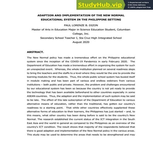 ADAPTION AND IMPLEMENTATION OF THE NEW NORMAL EDUCATIONAL SYSTEM IN THE PHILIPPINE SETTING | PDF