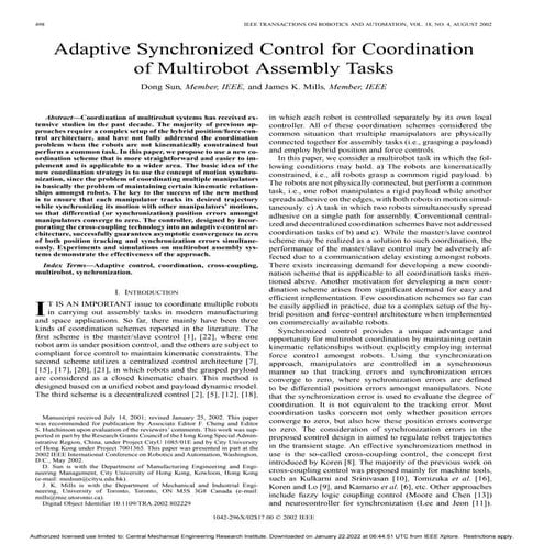 Adaptive Synchronized Control For Coordination Of Multirobot Assembly Tasks Pdf