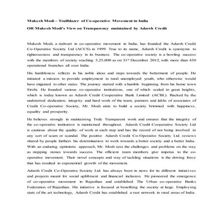 Mukesh Modi’s View on Transparency maintained by Adarsh Credit | DOCX