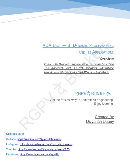 Ada Unit — 3 Dynamic Programming And Its Applications Pdf