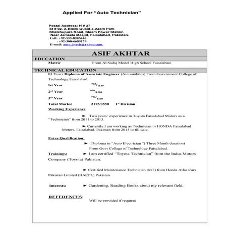 Asif Akhtar CV for Technician | DOC