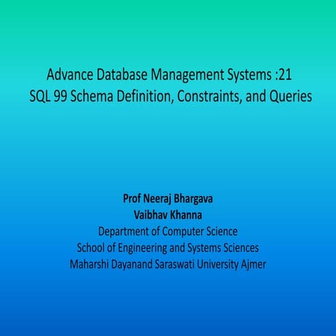 Adbms 21 Sql 99 Schema Definition Constraints And Queries Ppt 