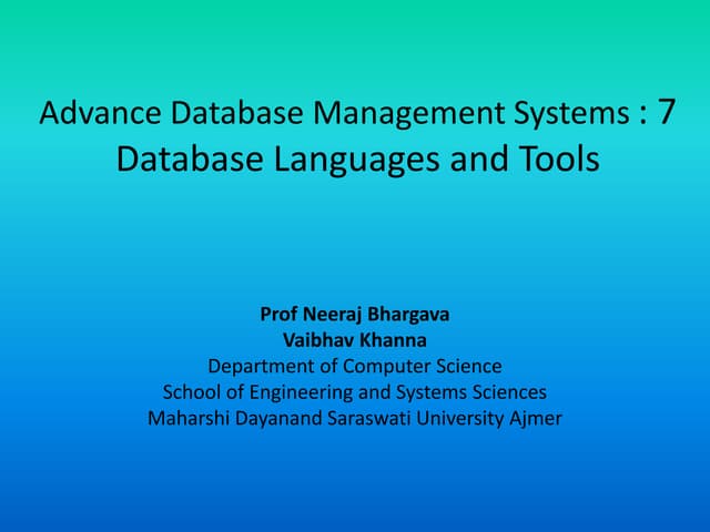 Adbms 7 Database Languages And Tools Pptx Databases Computer