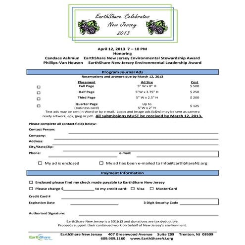EarthShare Celebrates NJ Program Book Ad Form | PDF