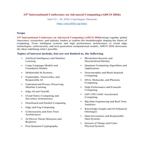 13th International Conference on Advanced Computing (ADCO 2026) | DOCX
