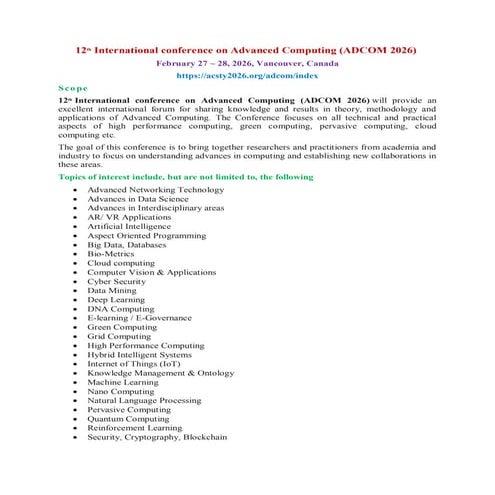 12th International conference on Advanced Computing (ADCOM 2026) | PDF