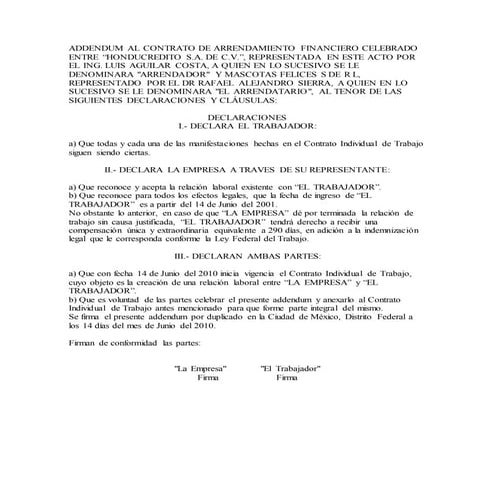 Addendum al contrato de arrendamiento financiero celebrado entre | DOCX ...
