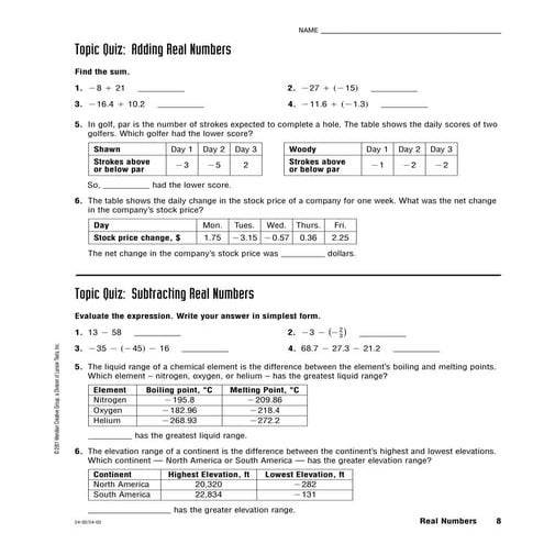 Adding and sub real number quiz | PDF