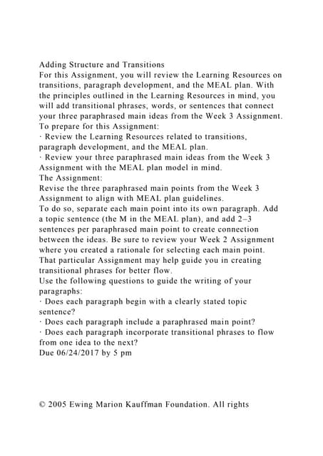 Adding Structure and TransitionsFor this Assignment, you will re.docx Adding Structure and TransitionsFor this Assignment, you will re.docx