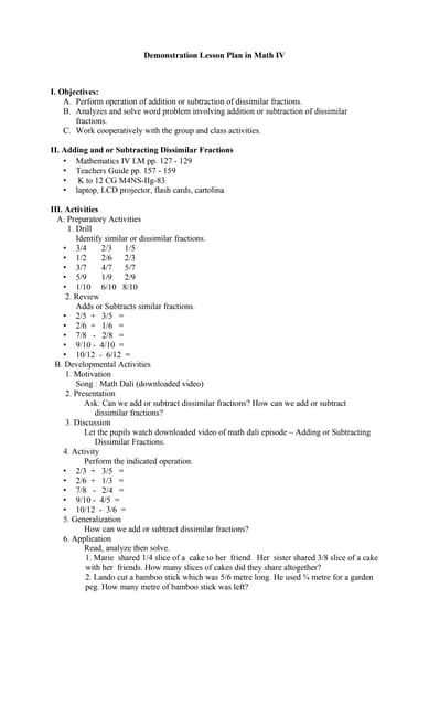 COT LESSON PLAN ADDING AND SUBTRACTING SIMILAR FRACTIONS - EXPLICIT | PDF