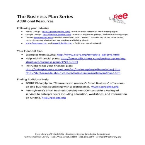 Business Plan Toolkit -Additional resources handout | PDF
