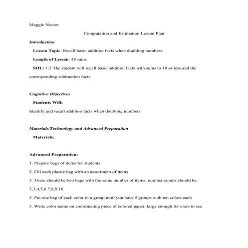 Addition lesson plan | DOC