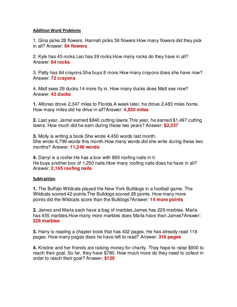 Addition word problems 3rd grade