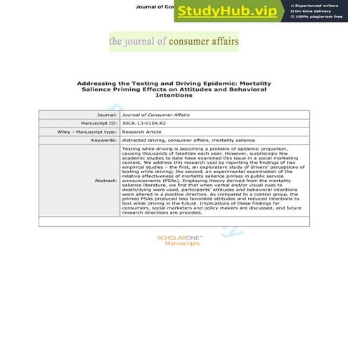 Addressing The Texting And Driving Epidemic Mortality Salience Priming ...