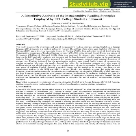 A Descriptive Analysis Of The Metacognitive Reading Strategies Employed By EFL College Students ...