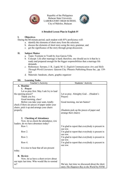 Elements of a short story.Lesson Plan | DOCX | Jewelry Making | Arts ...