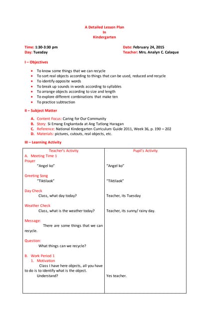 Detailed Lesson Plan in English For Kindergarten | DOCX
