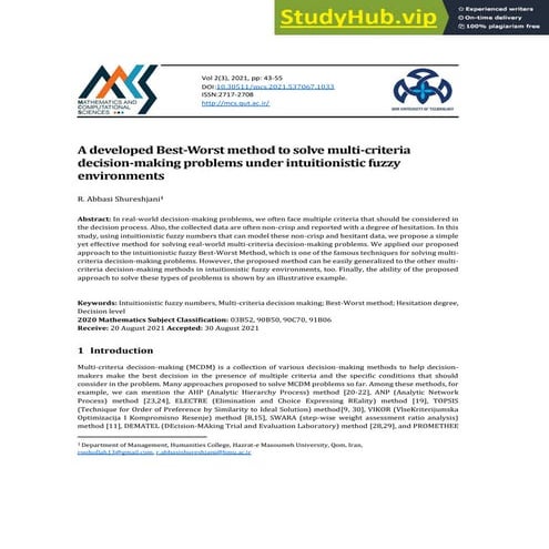 A Developed Best Worst Method To Solve Multi Criteria Decision Making Problems Under