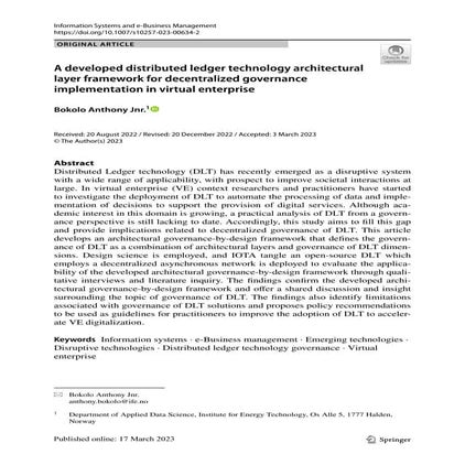 A developed distributed ledger technology architectural layer framework for decentralized ...