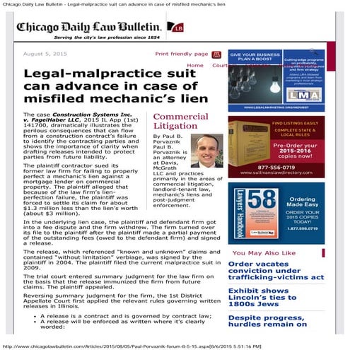 Chicago Daily Law Bulletin - Legal-malpractice suit can advance in case ...