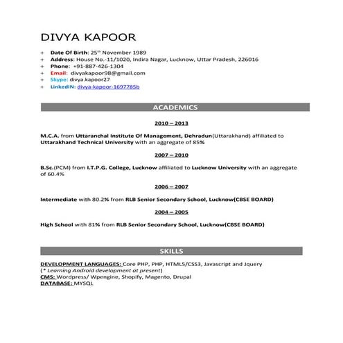 CV Divya Kapoor | DOC | Web Development | Internet