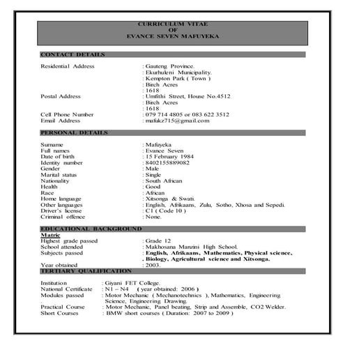 Evance_Mafuyeka's_CV.. | PDF