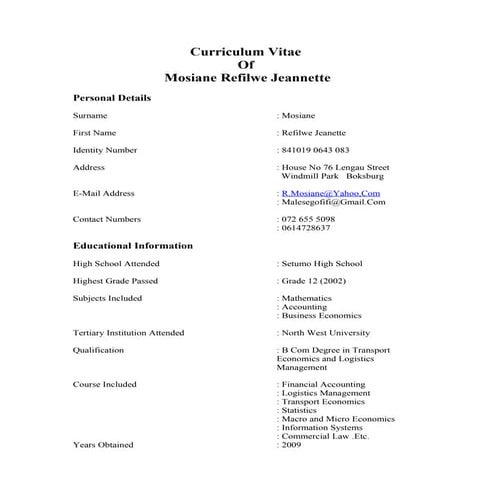 CURRICULAME VITAE OF MOSIANE REFILWE | DOC