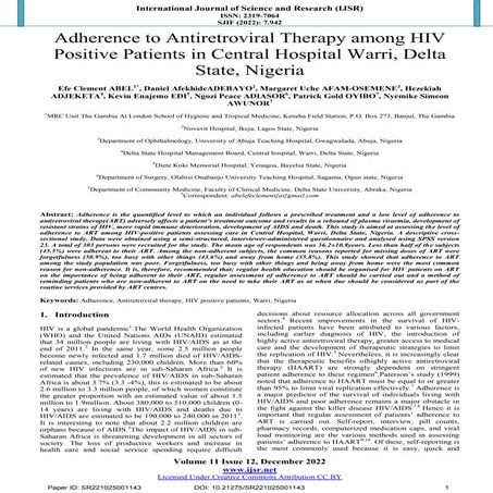 Adherence to Antiretroviral Therapy among HIVPositive Patients in Central Hospital Warri ...