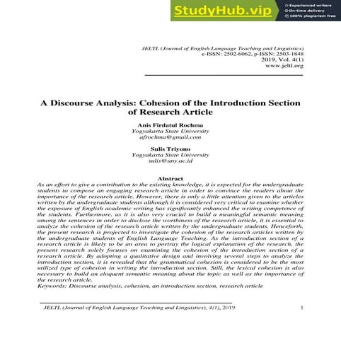 A Discourse Analysis Cohesion Of The Introduction Section Of Research Article | PDF