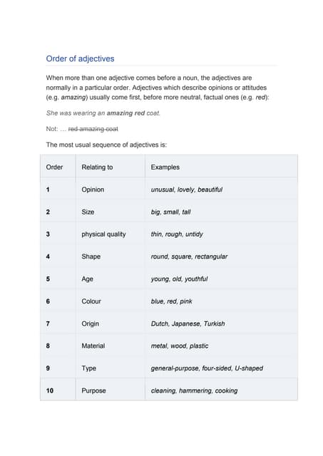 order of adjectives English grade 5 lesson | PPTX