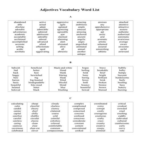 Adjectives vocabulary word list | DOCX