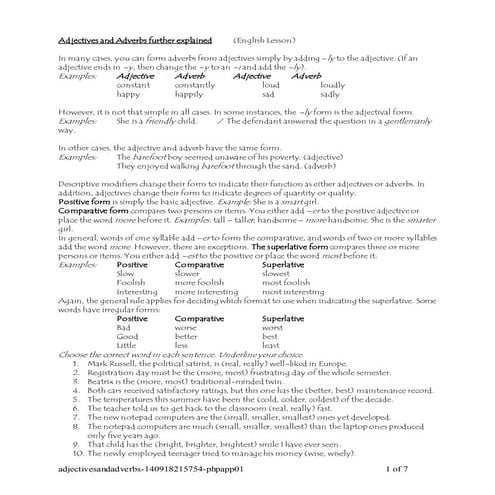 Grammar Lesson - Adjective & Adverb | PDF