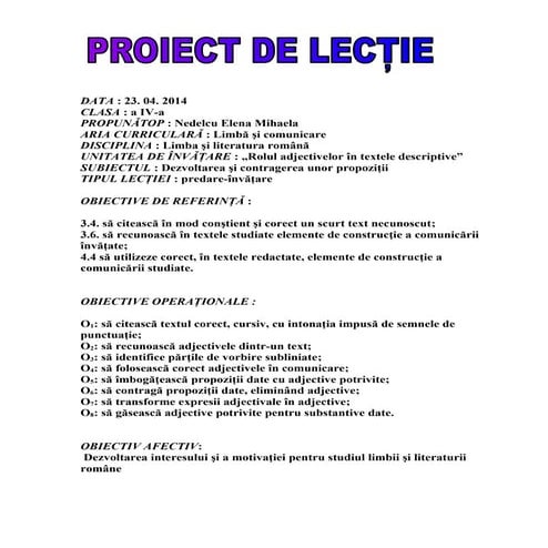 Adjectivul_proiect de lectie de predare-invatare | PDF