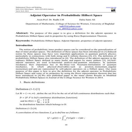 Adjoint operator in probabilistic hilbert space | PDF